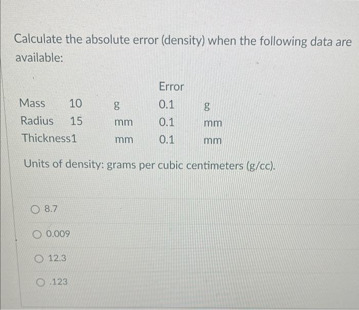 Solved Calculate the absolute error (density) when the | Chegg.com