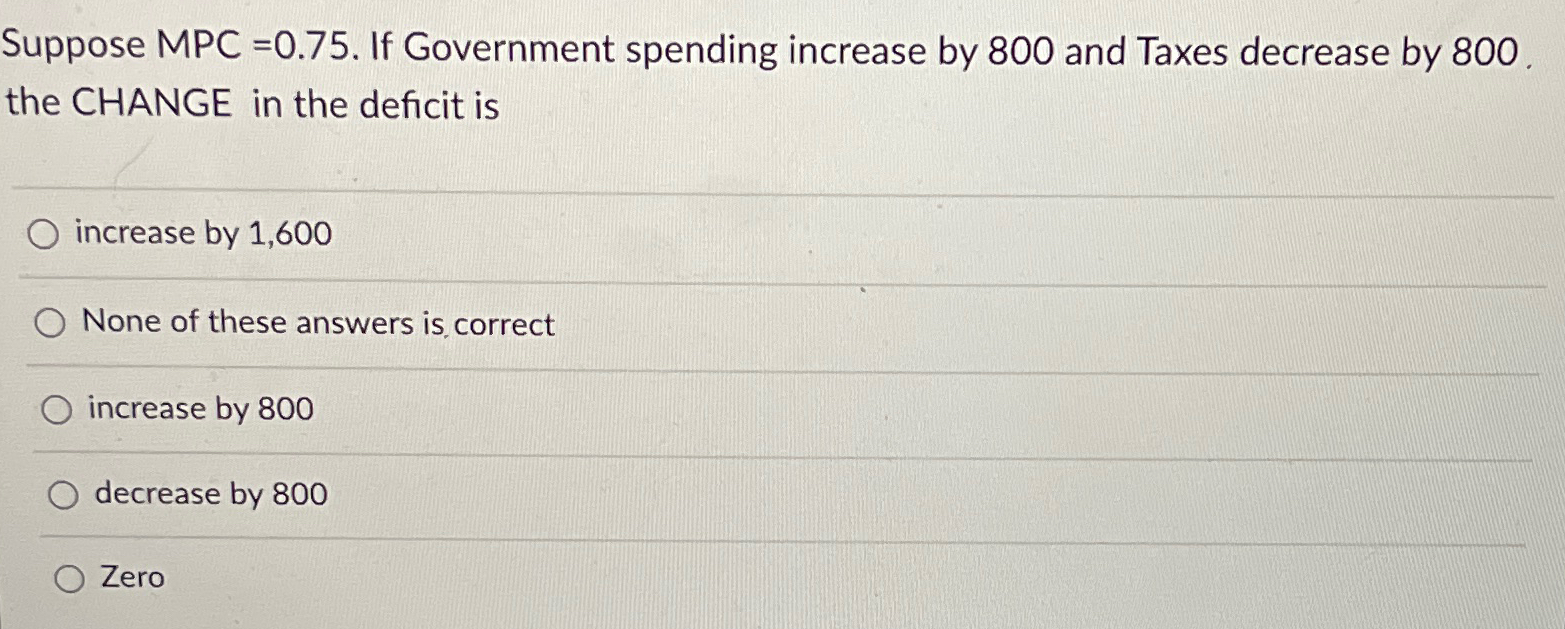 Solved Suppose MPC =0.75. ﻿If Government spending increase | Chegg.com