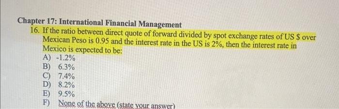 Solved Chapter 17: International Financial Management 16. If | Chegg.com
