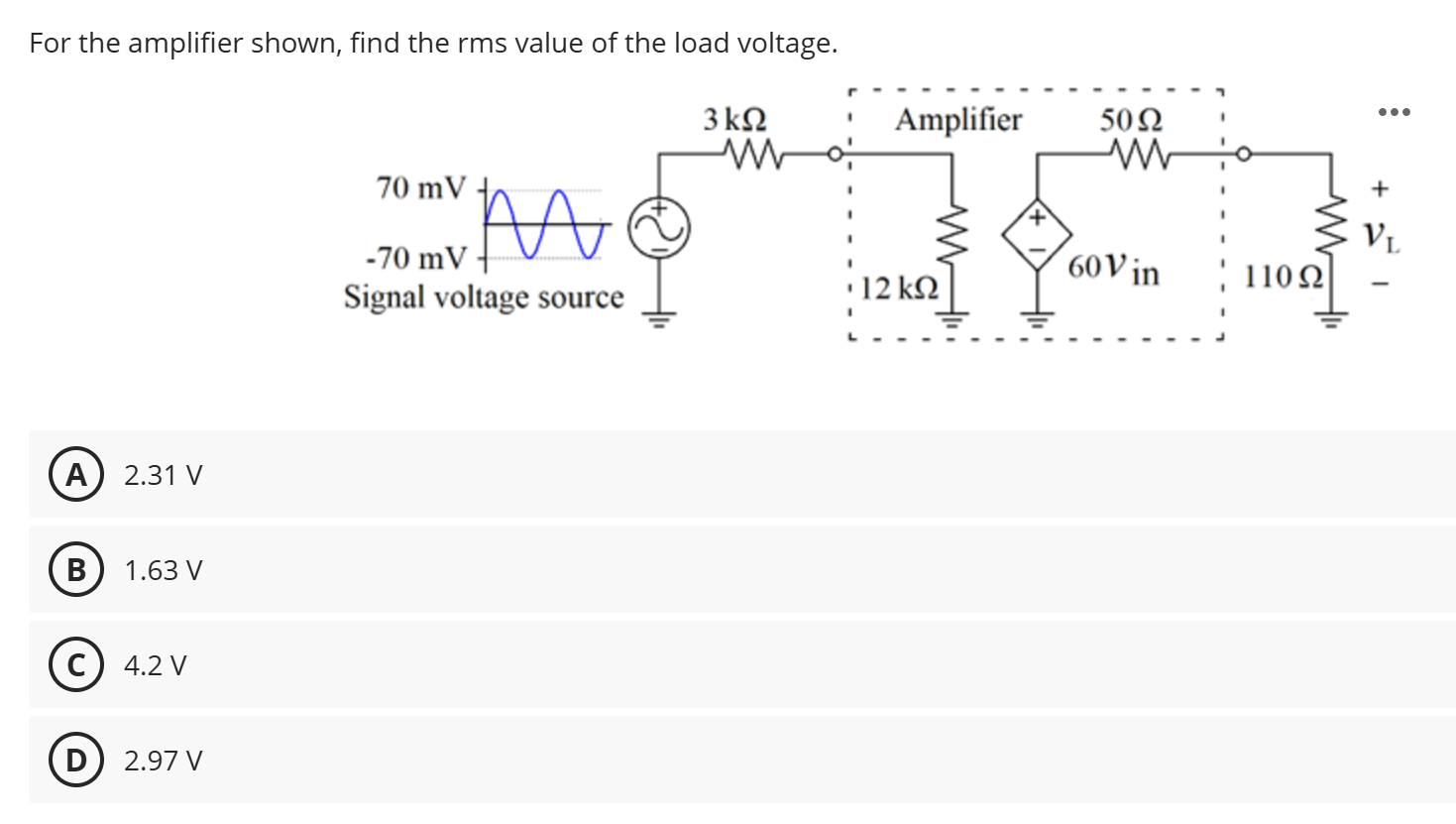 Solved For the amplifier shown, find the rms value of the | Chegg.com
