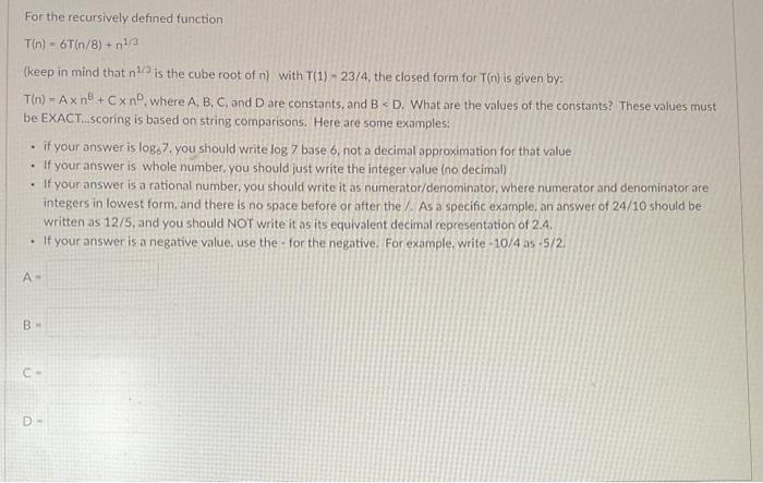 For the recursively defined function | Chegg.com