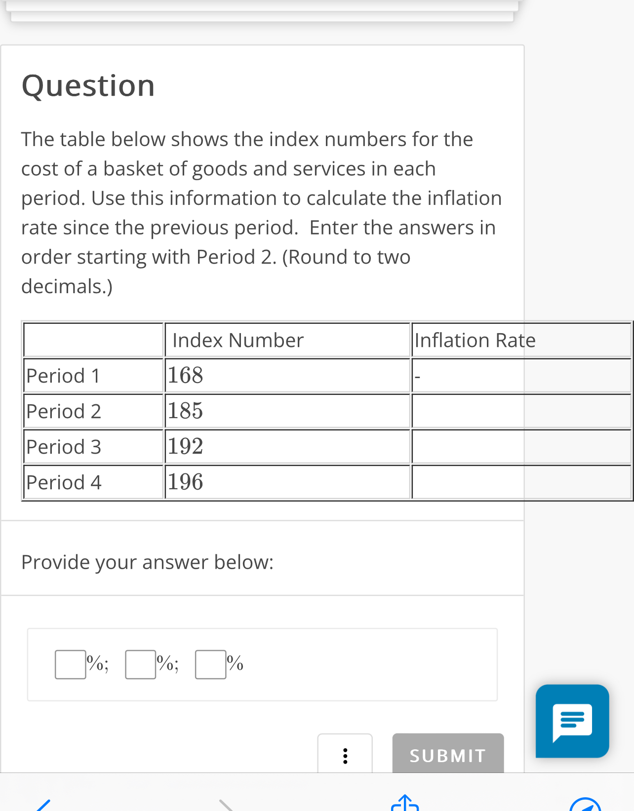 Solved QuestionThe table below shows the index numbers for | Chegg.com
