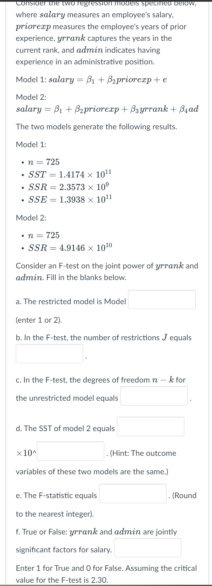 Solved Constaer the two regression modeis specinea | Chegg.com