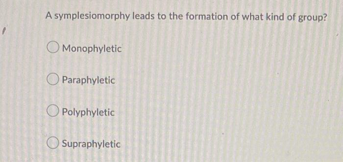 Solved A symplesiomorphy leads to the formation of what kind | Chegg.com