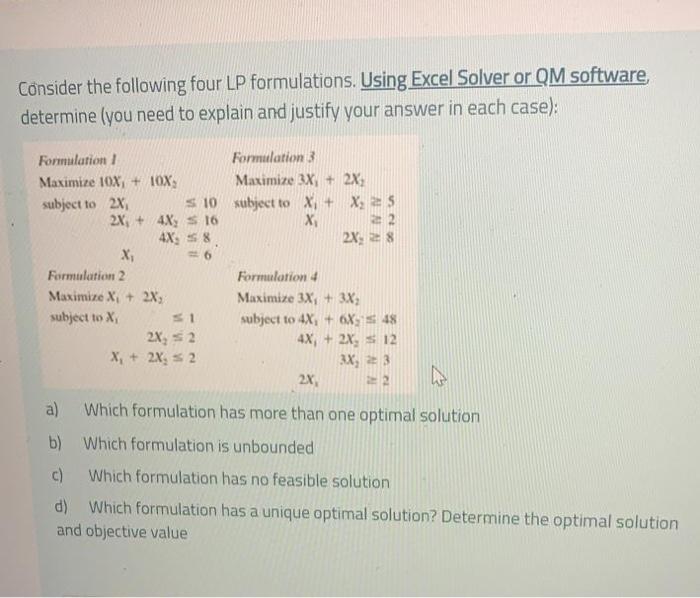 Solved Cônsider the following four LP formulations. Using | Chegg.com