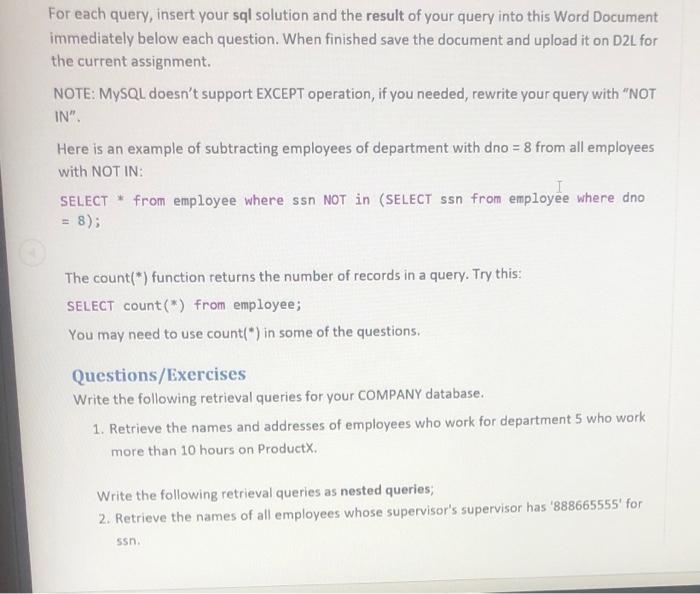 Solved For each query, insert your sql solution and the | Chegg.com