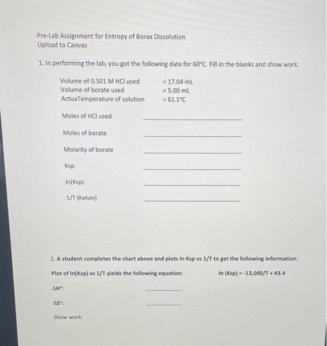 Pre-Lab Assignment for Entropy of Borax Dissolution | Chegg.com