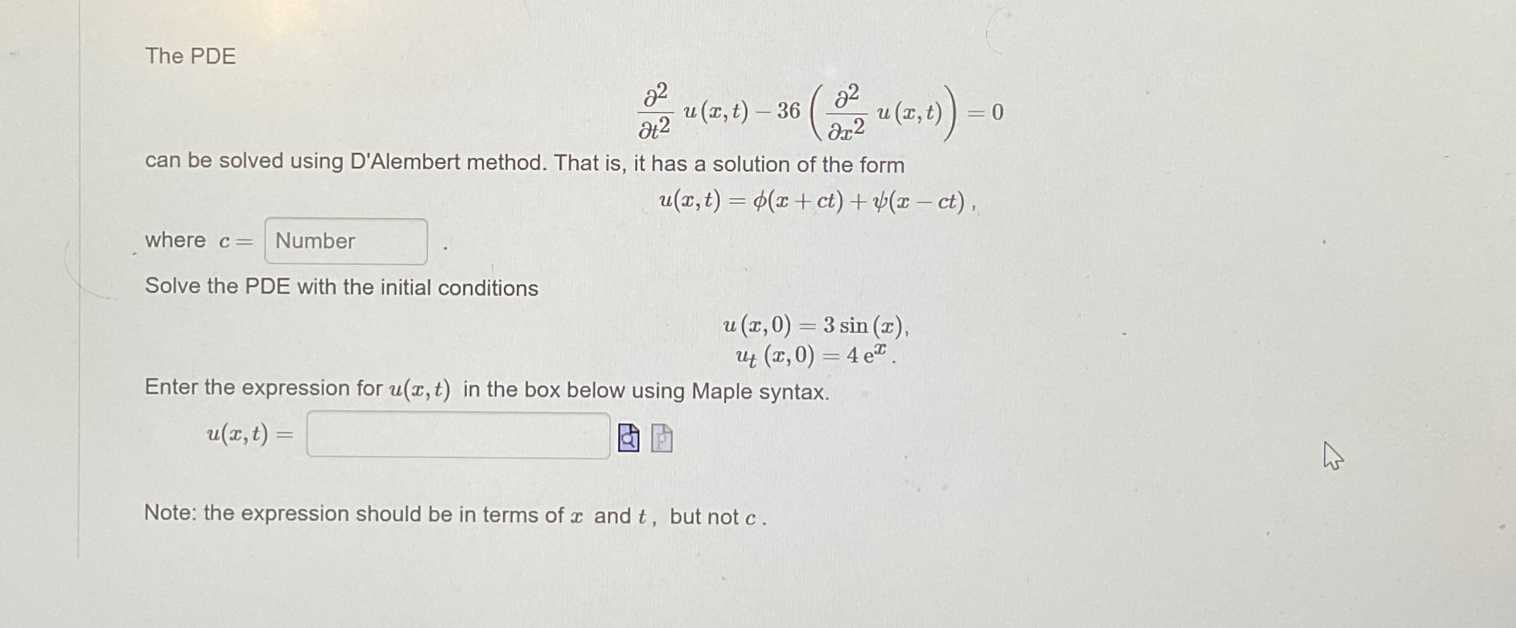 Solved The PDEdel2delt2u(x,t)-36(del2delx2u(x,t))=0can be | Chegg.com
