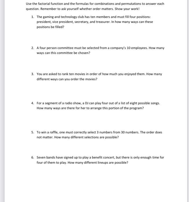 Solved Use the factorial function and the formulas for | Chegg.com