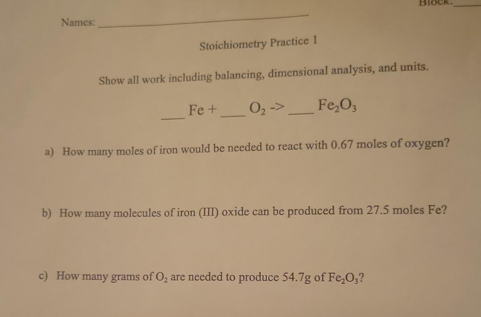 Solved Stoichiometry Practice 1 Show all work including | Chegg.com