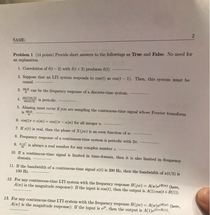 Solved NAME: Problem 1 (14 points) Provide short answers to | Chegg.com