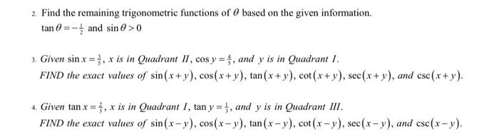 Solved 2. Find the remaining trigonometric functions of θ | Chegg.com