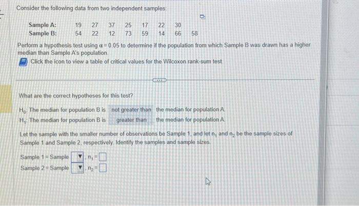 Solved Consider the following data from two independent | Chegg.com