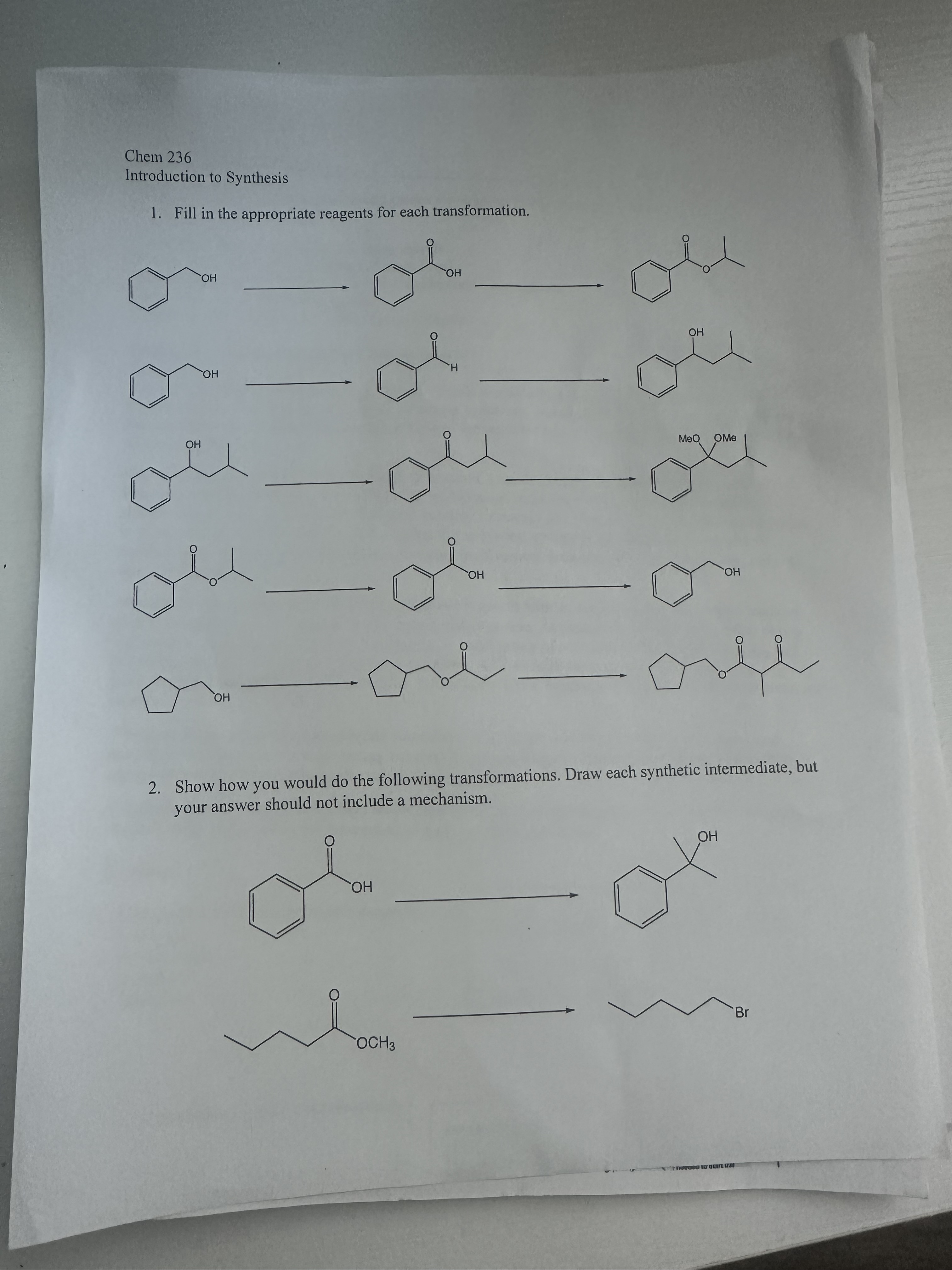 Solved Chem 236 ﻿Introduction to Synthesis 1. ﻿Fill in the | Chegg.com