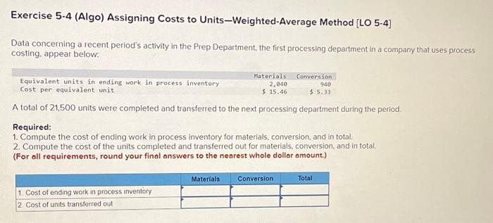 Solved Exercise 5-4 (Algo) Assigning Costs to | Chegg.com