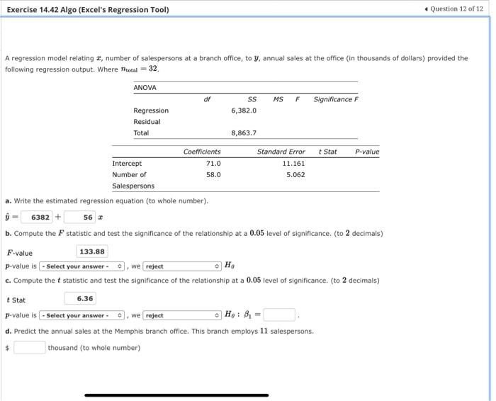 Solved Exercise 14.42 Algo (Excel's Regression Tool) | Chegg.com