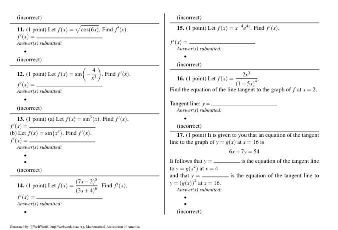 Solved 1. (I point) Let f′(x)= cos(sin(x)) (incorrect) | Chegg.com