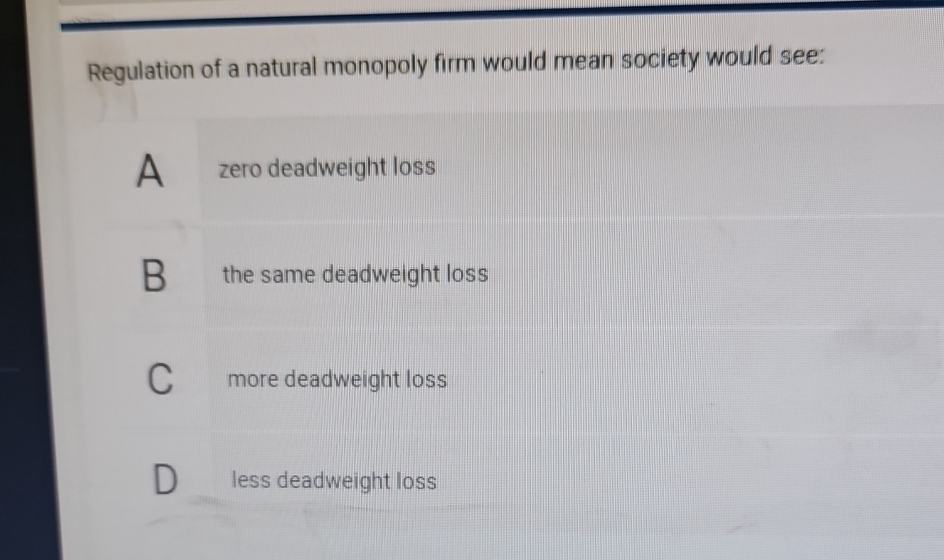 Solved Regulation of a natural monopoly firm would mean | Chegg.com