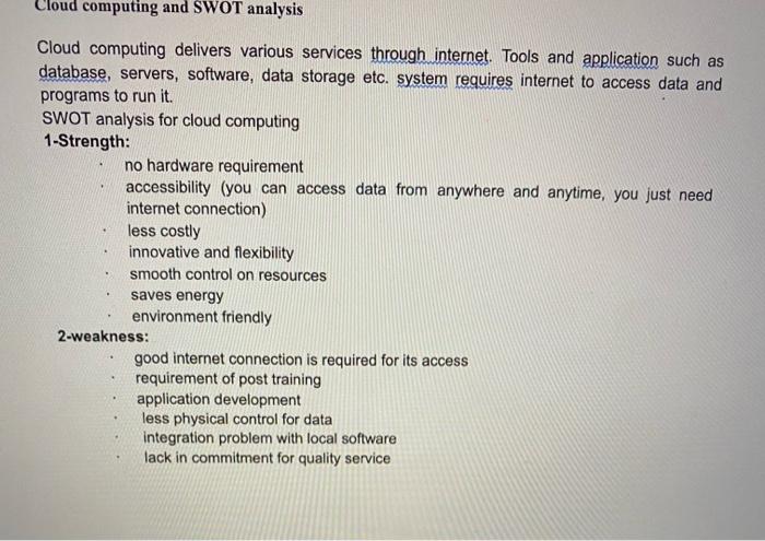 Solved Cloud computing and SWOT analysis Cloud computing | Chegg.com