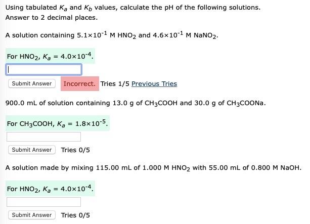 Solved Using tabulated Ka and Ko values, calculate the pH of | Chegg.com