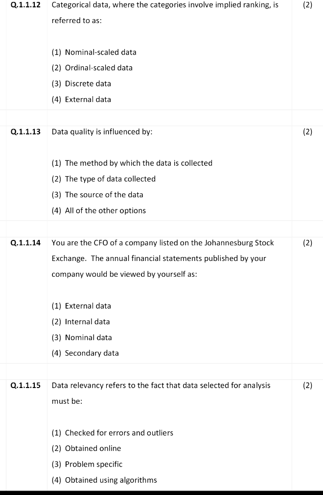 Solved Q.1.1.12 ﻿Categorical data, where the categories | Chegg.com