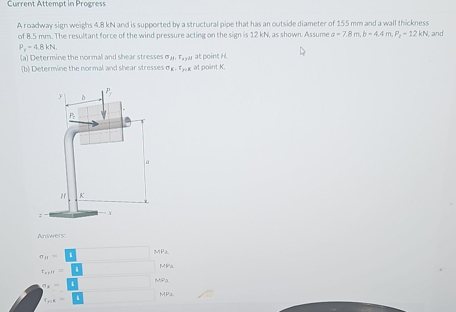 Solved A roadway sign weighs 4.8kN and is supported by a | Chegg.com