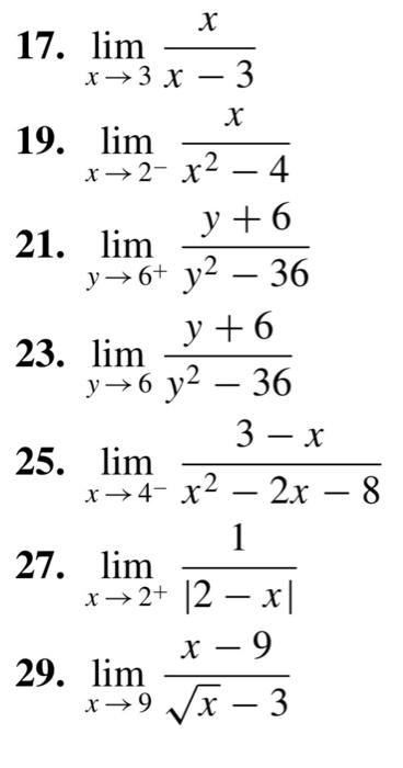Solved 17. limx→3x−3x 19. limx→2−x2−4x 21. limy→6+y2−36y+6 | Chegg.com