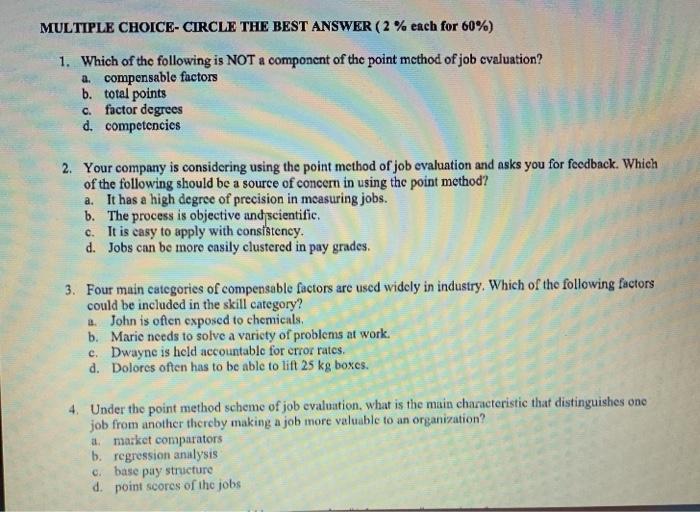 Solved MULTIPLE CHOICE- CIRCLE THE BEST ANSWER (2 % each for | Chegg.com