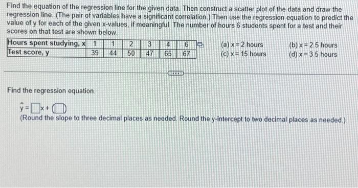 Solved Find the equation of the regression line for the | Chegg.com