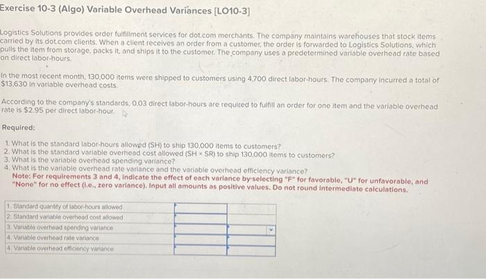 Solved Exercise 10-3 (Algo) Variable Overhead Variances | Chegg.com