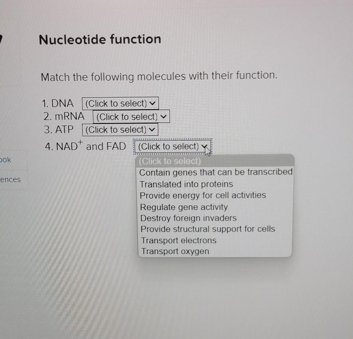 Solved Nucleotide function Match the following molecules | Chegg.com