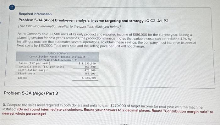 Solved Required information Problem 5-3A (Algo) Break-even | Chegg.com Solved Required information Problem 5-3A (Algo) Break-even | Chegg.com