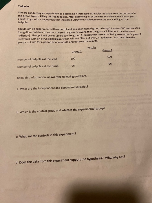 Solved Tadpoles You are conducting an experiment to | Chegg.com