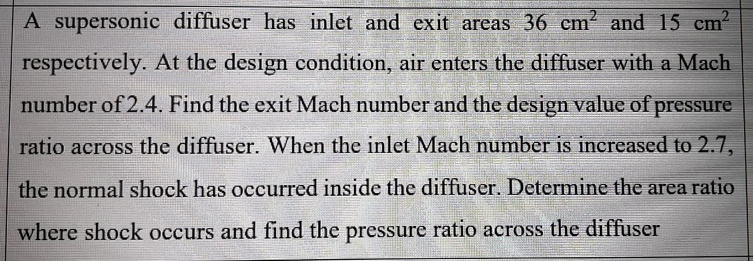 Solved A supersonic diffuser has inlet and exit areas 36 cm² | Chegg.com