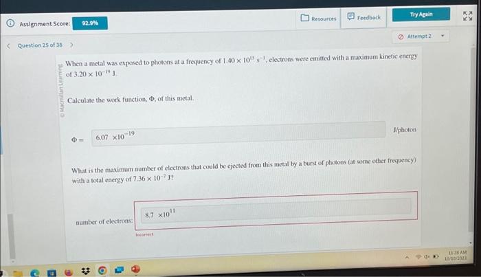 Solved Calculate the work function, Þ, of this metal. $ = | Chegg.com