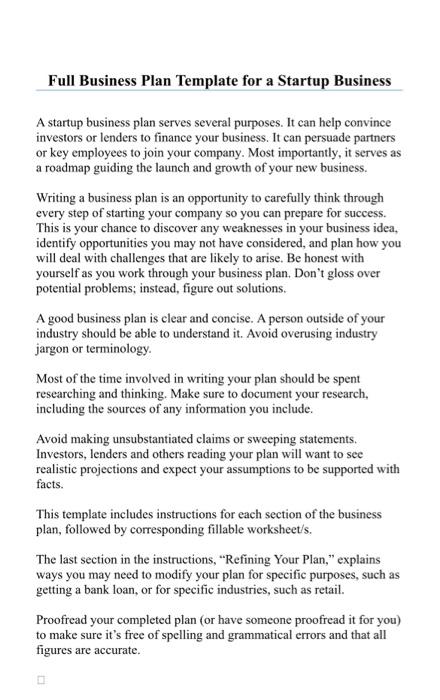 Full Business Plan Template for a Startup Business A | Chegg.com