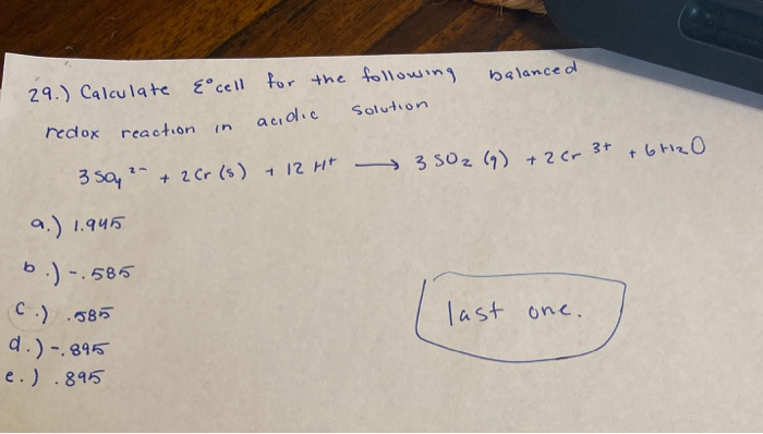 Solved following balanced 29.) Calculate Eocell for the | Chegg.com