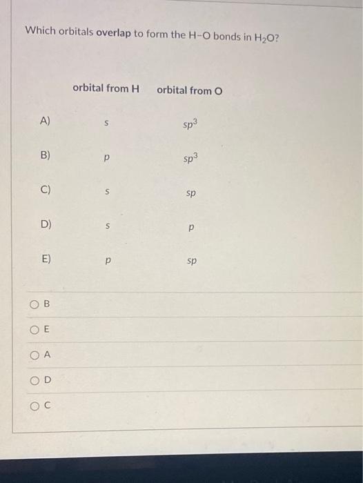 Solved Which orbitals overlap to form the H-O bonds in H2O? | Chegg.com