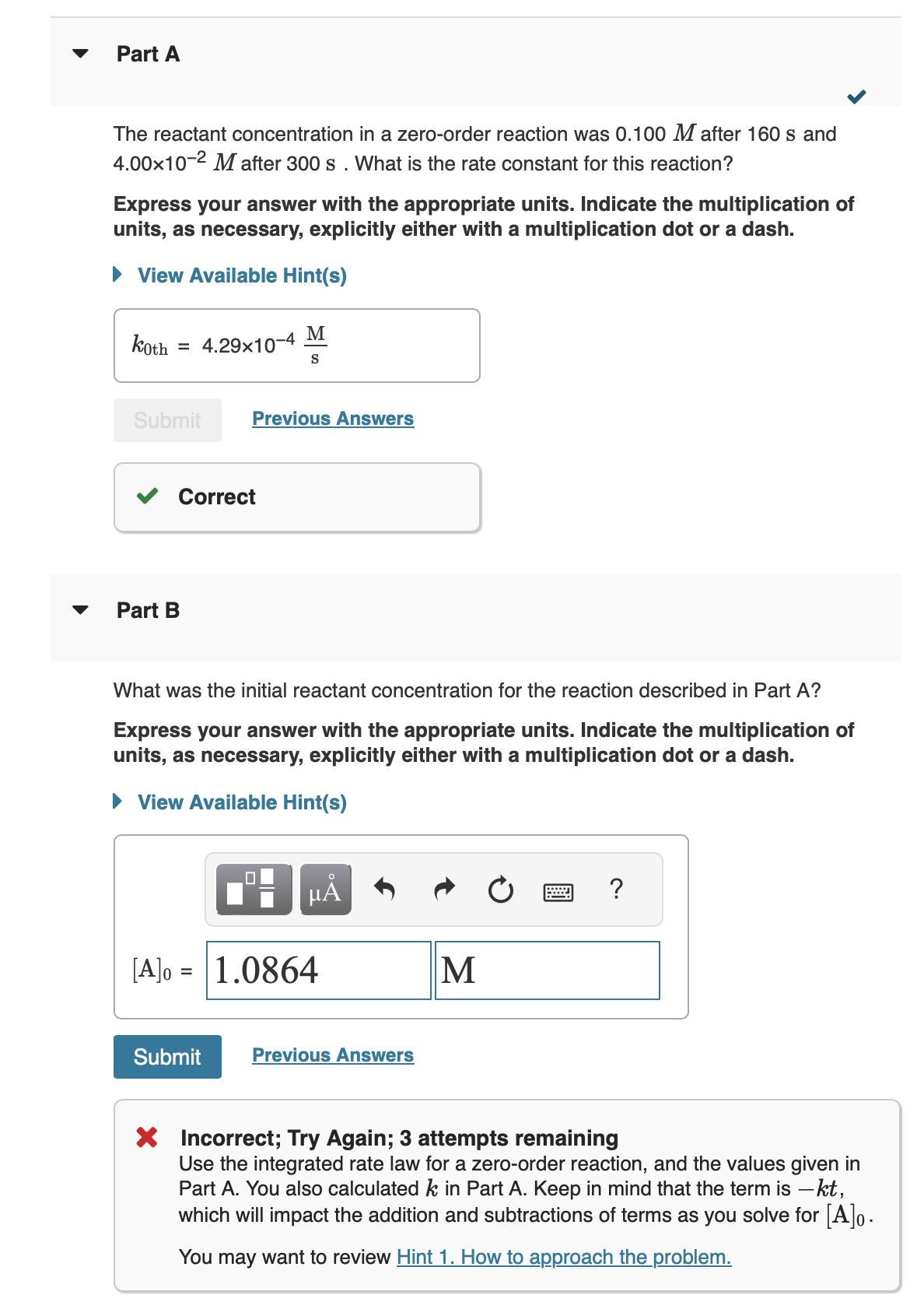 Solved Part Athe Reactant Concentration In A Zero Order