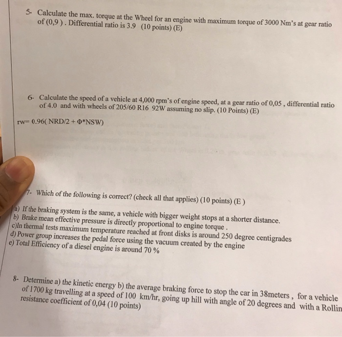 Solved 5. Calculate the max. torque at the Wheel for an | Chegg.com