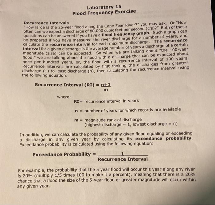 Solved Laboratory 15 Flood Frequency Exercise Recurrence | Chegg.com