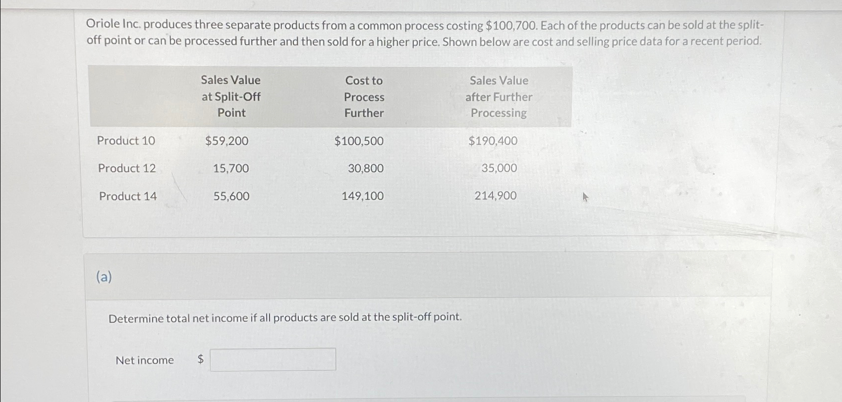 Solved Oriole Inc. produces three separate products from a | Chegg.com