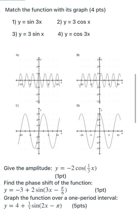 Solved Match the function 1) y = sin 3x 3) y = 3 sin x D) A | Chegg.com