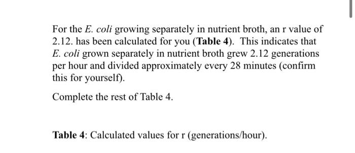 Solved For the E. coli growing separately in nutrient broth, | Chegg.com