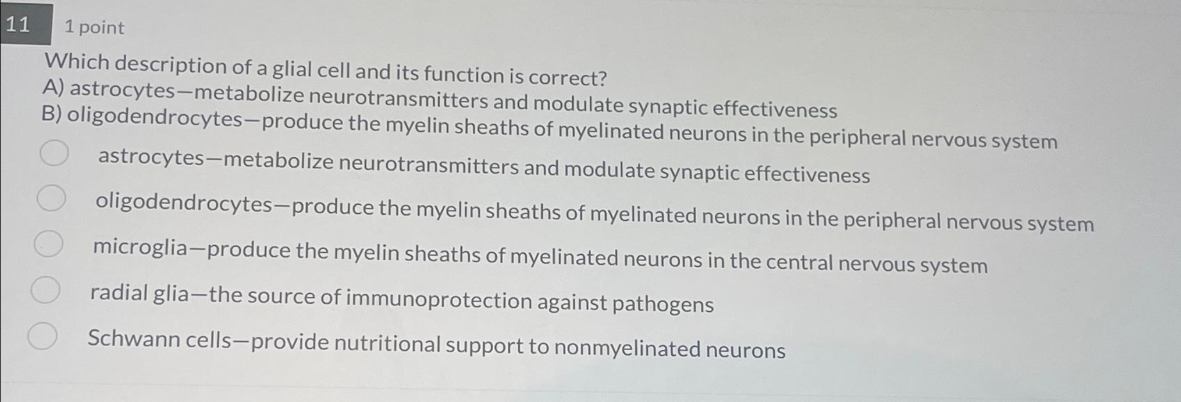 Solved 111 ﻿pointWhich description of a glial cell and its | Chegg.com