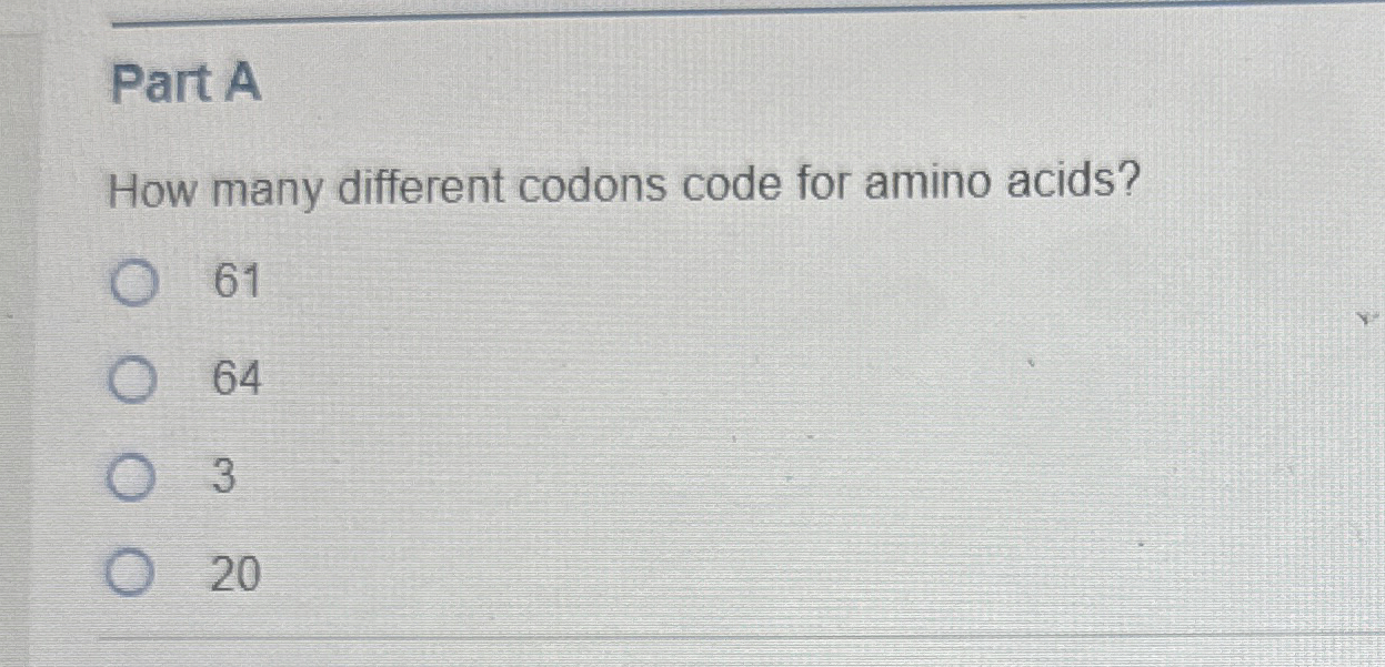 Solved Part AHow many different codons code for amino | Chegg.com