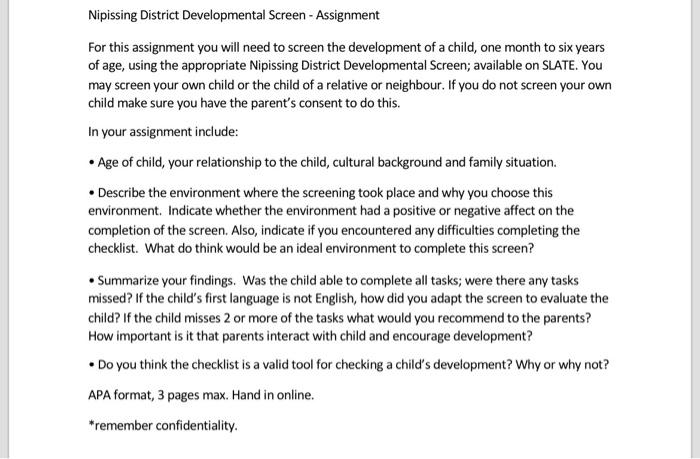 Solved Nipissing District Developmental Screen - Assignment | Chegg.com