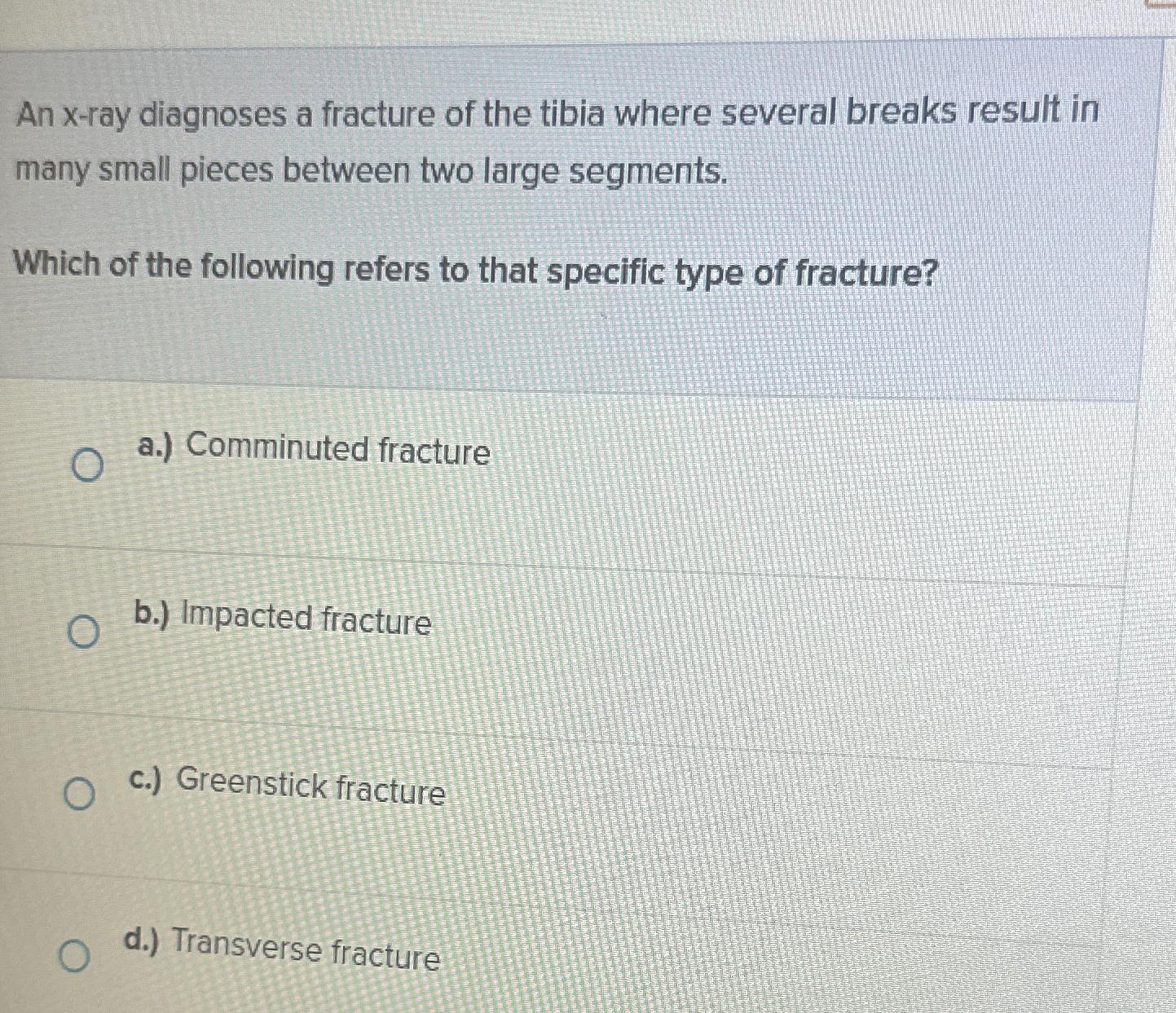 Solved An x-ray diagnoses a fracture of the tibia where | Chegg.com