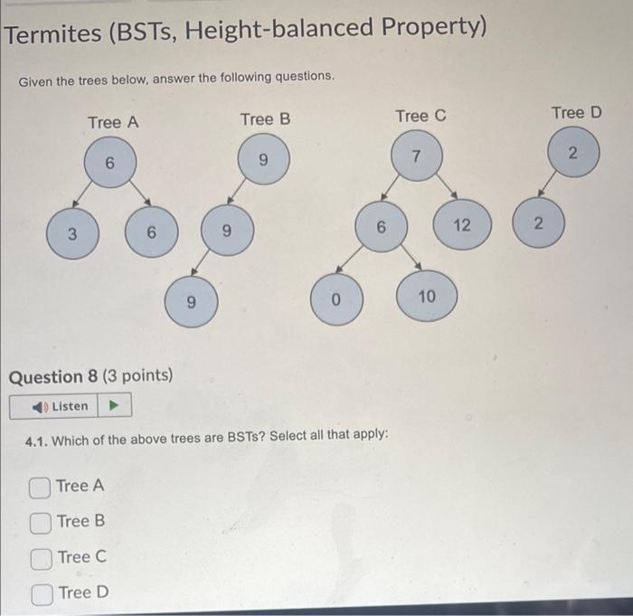 Solved Termites (BSTs, Height-balanced Property) Given the | Chegg.com