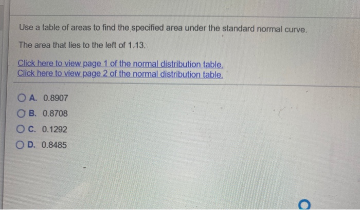 Solved Use a table of areas to find the specified area under | Chegg.com